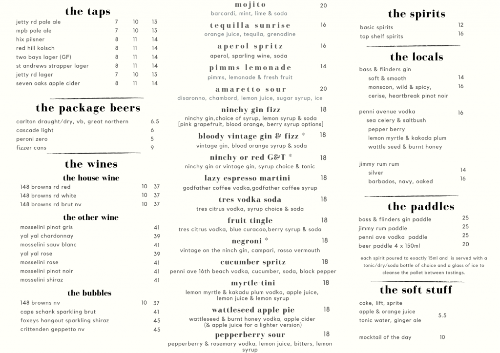 Peninsula Beer Garden Menu