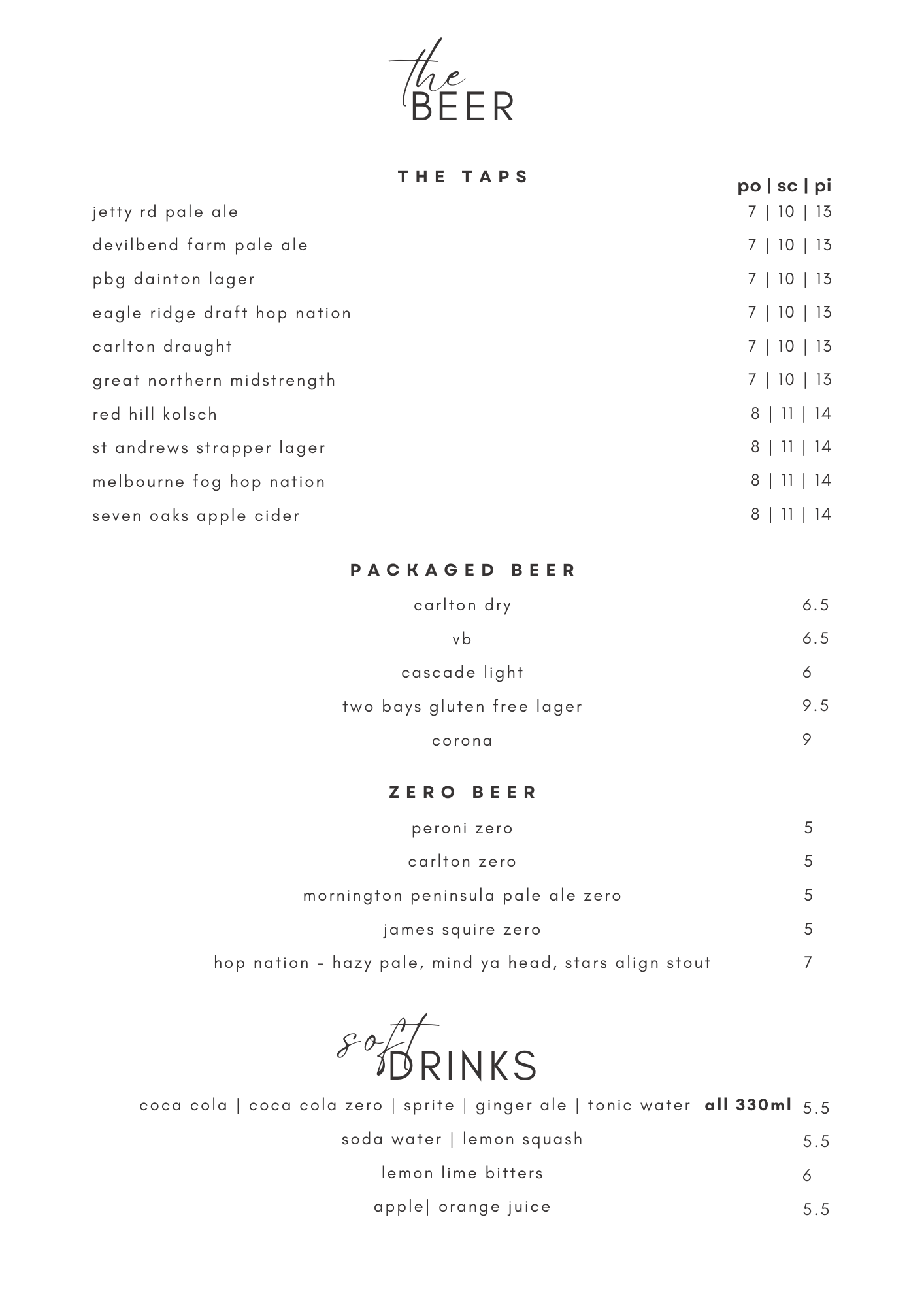 Peninsula Beer Garden Drinks Menu